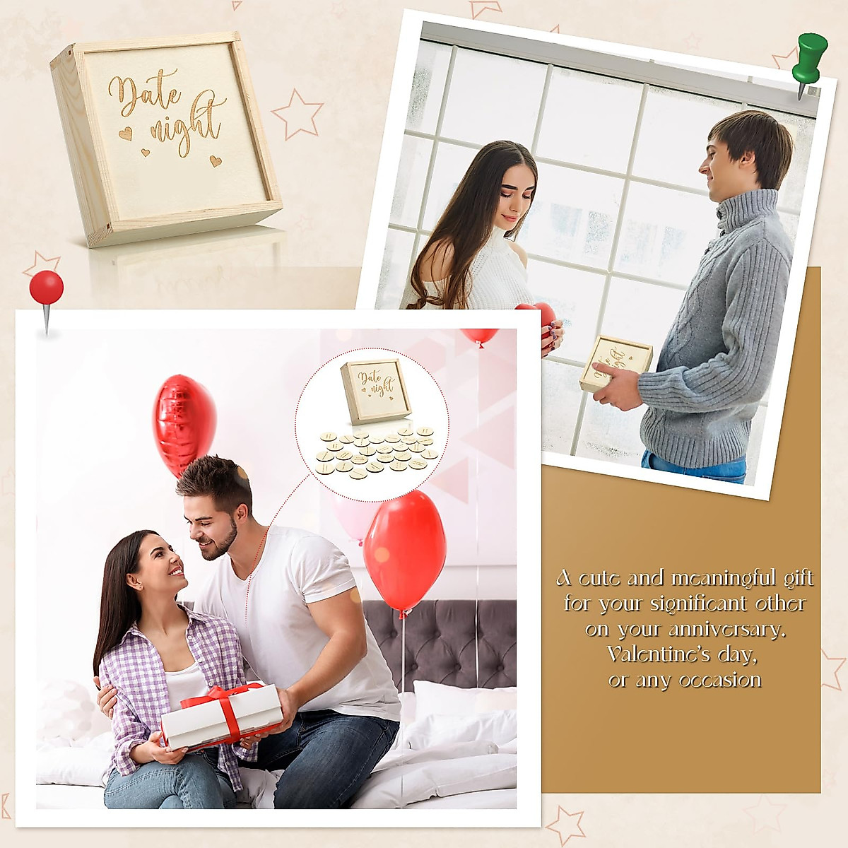 Amyhill 25 Pieces Wooden Date Box with 25 Tokens Date Fun Gift Date Indoor and Outdoor Games Couples Games Gift for Couples Activities, Wedding Anniversary, Valentine's Day (Round)