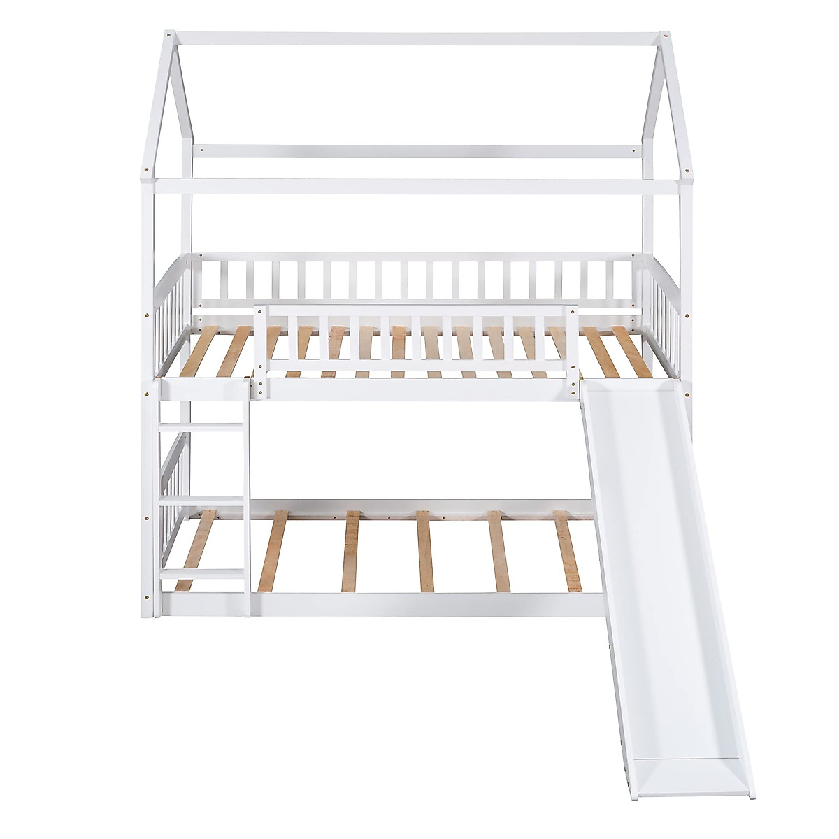 LostCat Twin Over Twin Bunk Bed with Slide, House Shaped Solid Pine Wood Bed Frame w/Safety Guardrail & Ladder, No Box Spring Needed, Save Space Design, for Kids, Teens, Girls, Boys, White