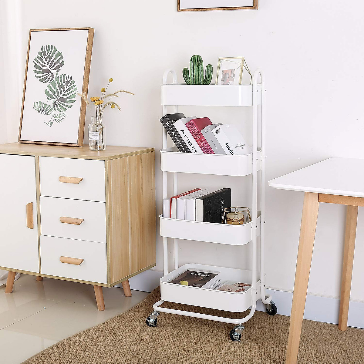 4-Tier Metal Mesh Utility Rolling Cart Storage Organizer Shelf Rack with Lockable Wheels for Living Room Kitchen Office, White