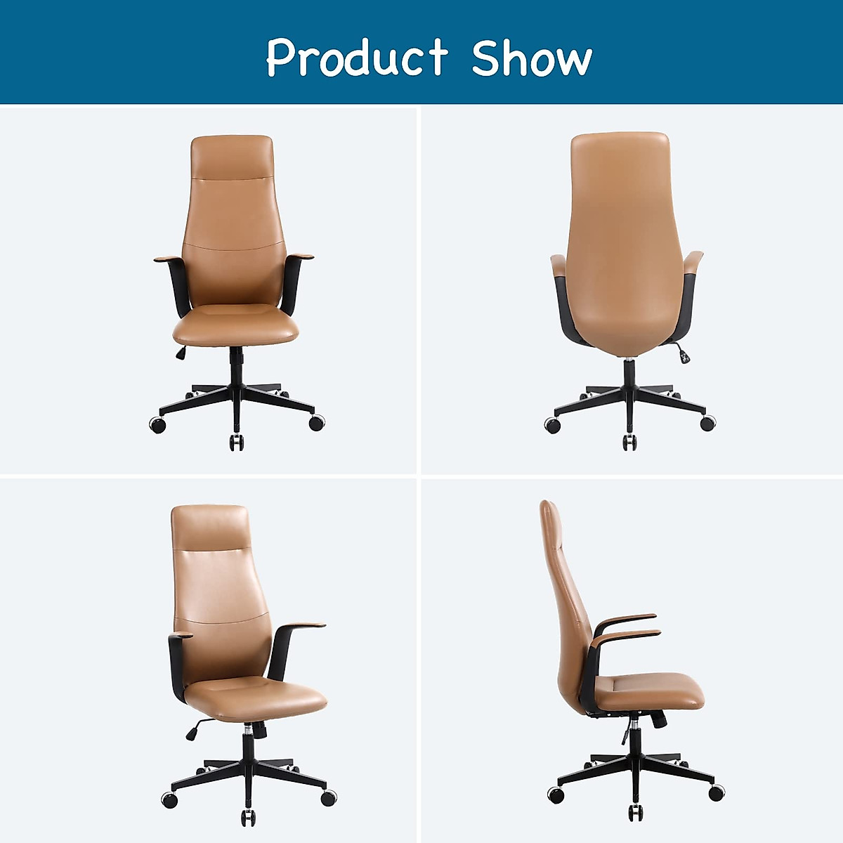 TUOFU Office Chair, Adjustable Height PU Leather Home Office Executive Chair, High-Back Modern Computer Desk Chair with Rolling Casters (Brown)