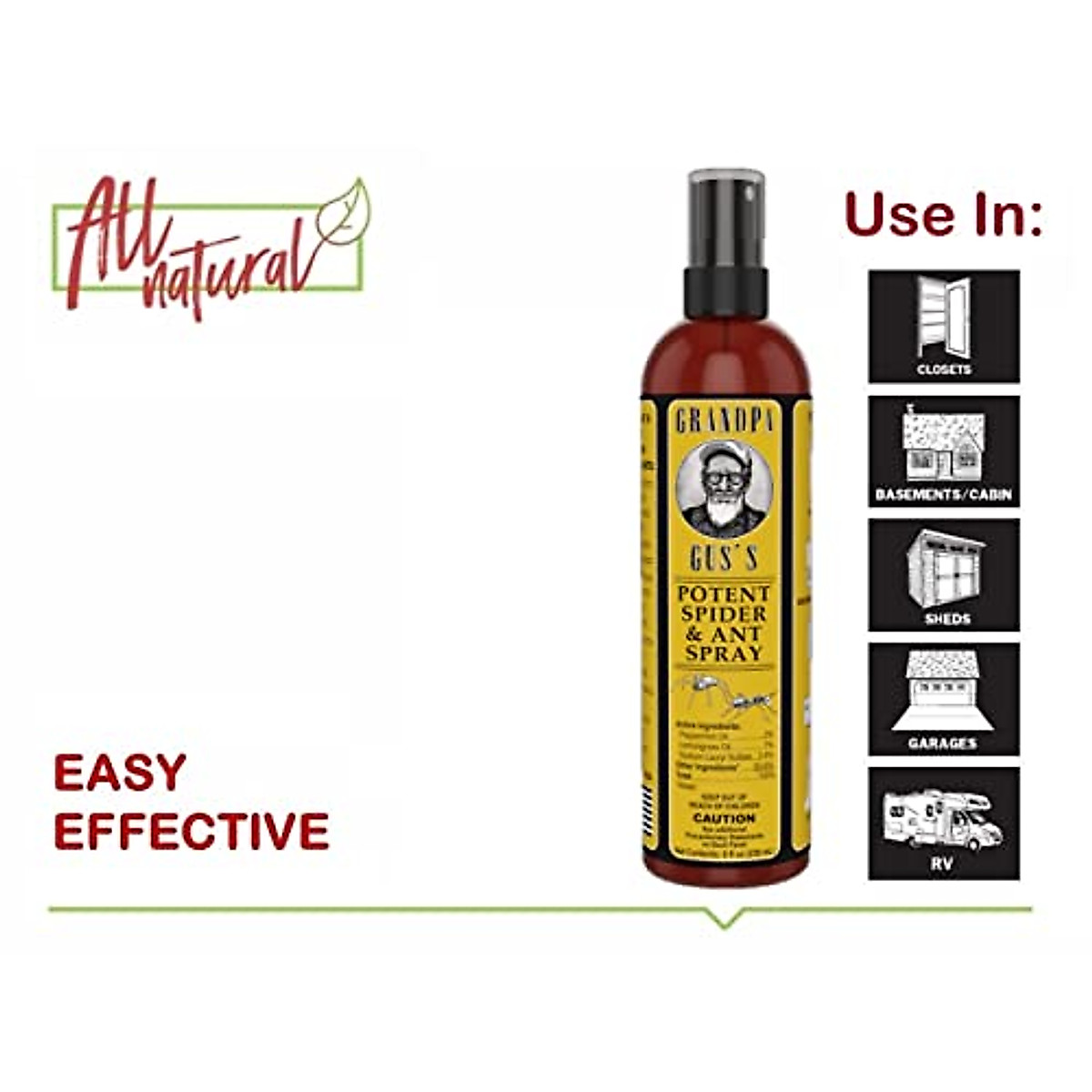 Grandpa Gus's GSS-8-BAG-1 Potent Spider & Ant Spray, All-Natural Water-Based Peppermint and Lemongrass Oil Mix, Fresh Scent, No Stains, Use In Closets, Basements/Cabin, Sheds, RV & Garages, 8oz Bottle