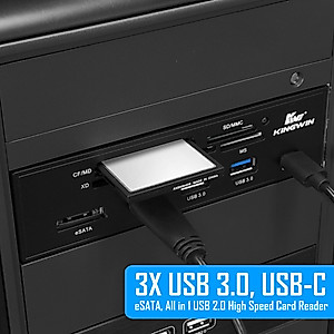 Kingwin Powered USB Hub 3.0 w/ 1 USB-C Port, SD Card Reader & Micro SD Card Reader - Sata Power Port w/Lightning Speed Data Transfer Up to 5Gbps - 5.25" Computer Case Front Bay, black (KW525-3U3CR)