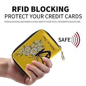 MOYYO RFID Credit Card Holder Case Beautiful Butterfly Daisy Flowers Leather Printed Zipper Card Case Wallet for Women Girls