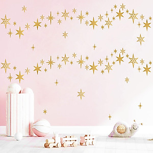 Gold Star Wall Decals Metallic Vinyl Star Wall Stickers Gold Sticker Wall Decor Sparkle Starburst Wall Decals Peel and Stick Retro Star Wall Stickers for Bedroom Living Room Decor
