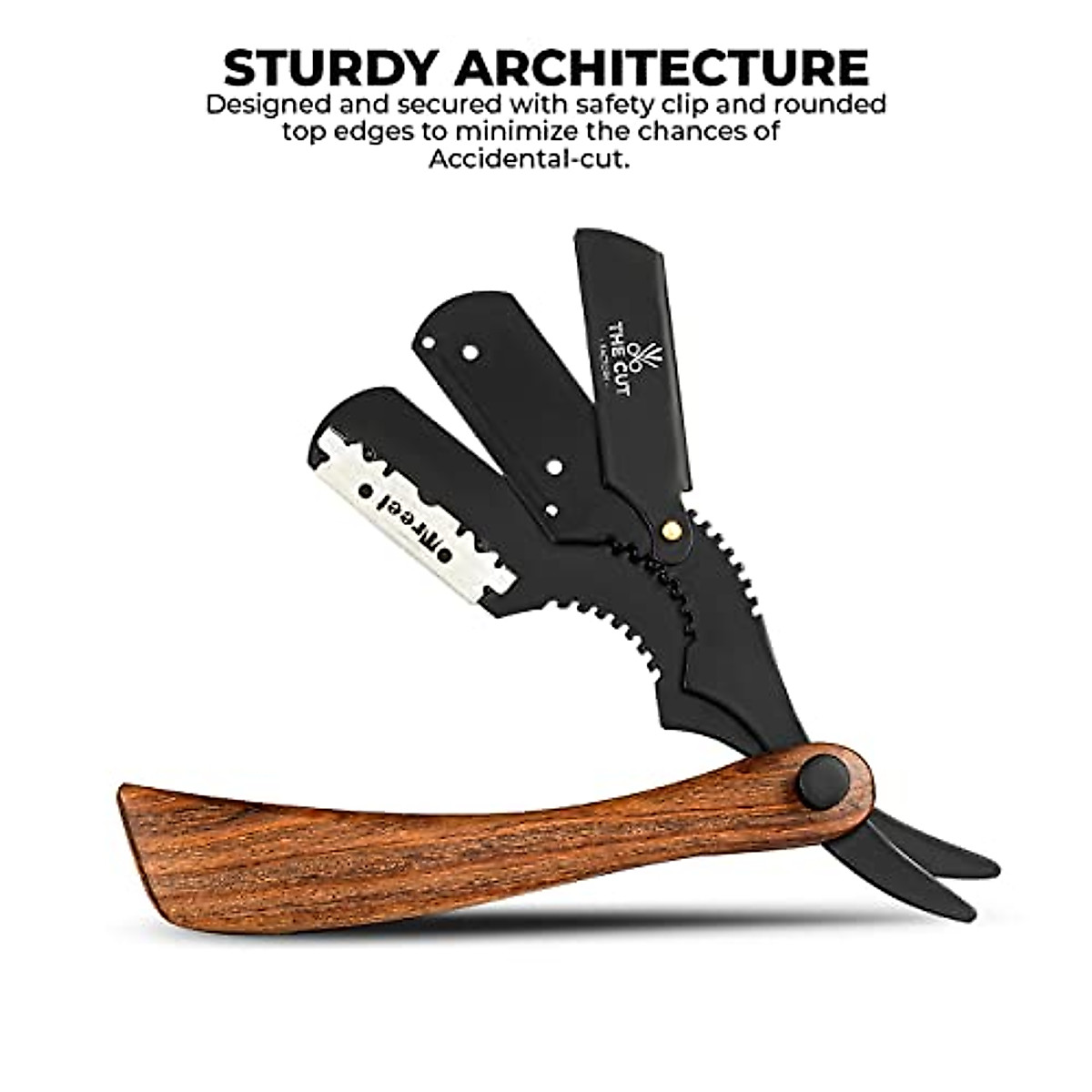 The Cut- Factory- Straight Razor with 100 Pack Platinum Treat Single Blade Razors for Men- Professional Barber Straight Edge Razor for Close Shaving 100 Percent Wood -Brown