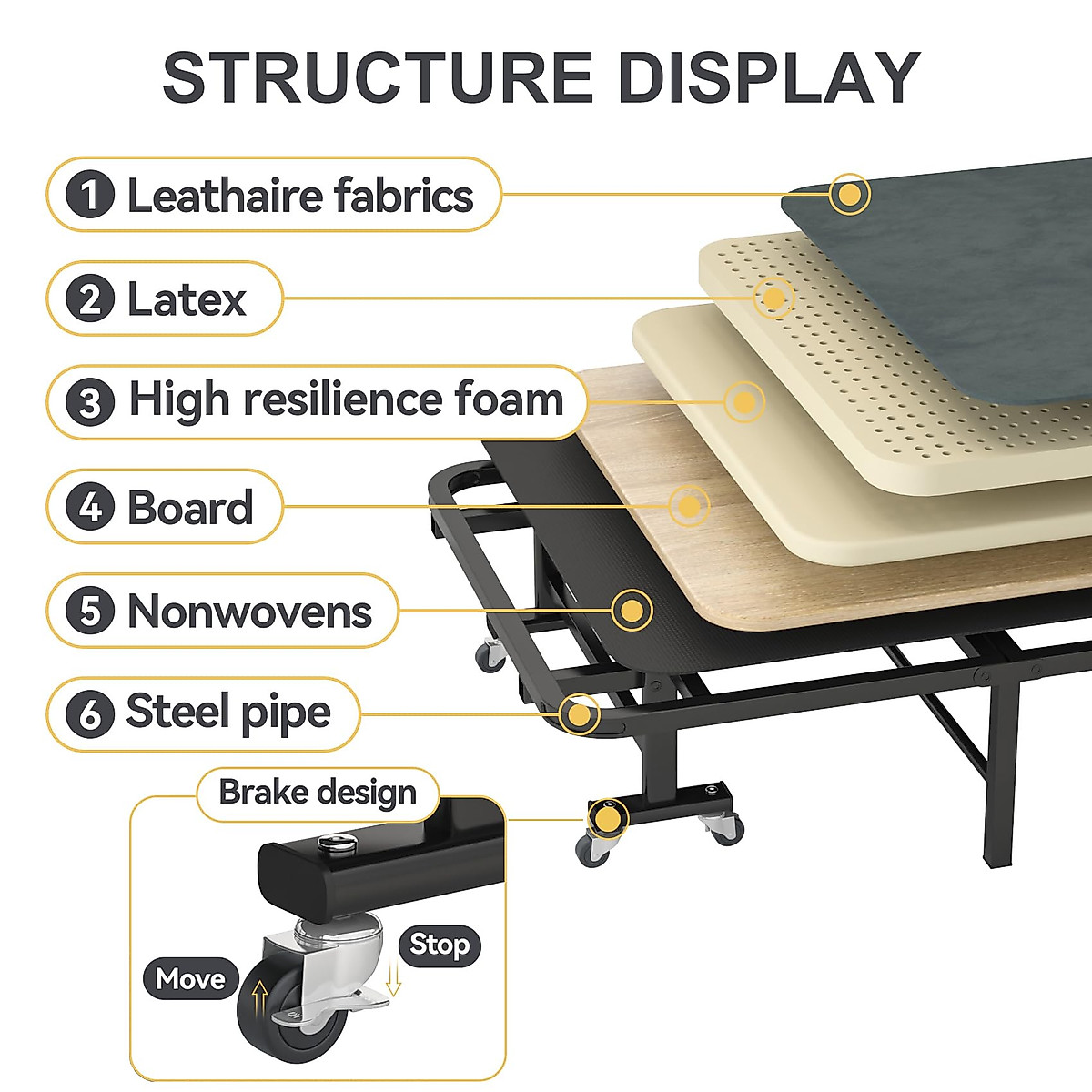 LEAIJIAFY Foldable Bed Sleeping Cot with Casters and 1.57" Latex Mattress,Temporary Bed Guest Rollaway Bed with Adjustable Backrest,Sturdy Metal Bed Frame,for Lunch Break Nap,Black,74.80" *23.62"