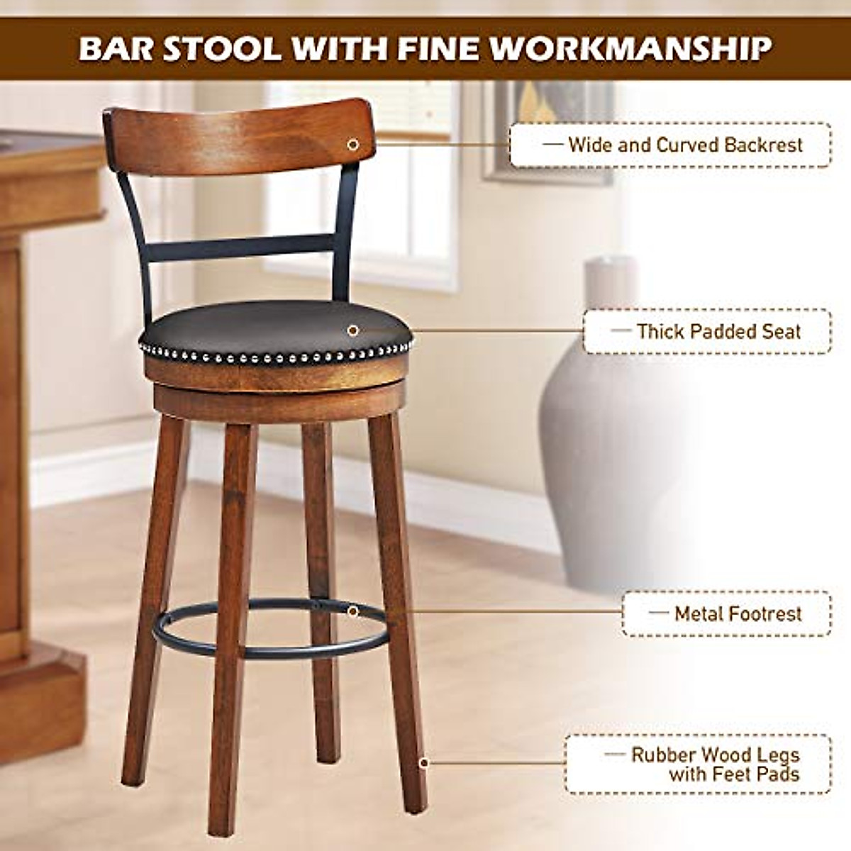 COSTWAY Bar Stools Set of 2, 360-Degree Swivel Stools with Leather Padded Seat, Single Slat Ladder Back & Solid Rubber Wood Legs, Bar Height Stools for Pub, Restaurant, Kitchen, Brown (2, 30.5)