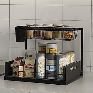 ZHLMIEEX Under Sink Organizer, Pull Out Cabinet Organizer 2-Tier L Shaped Metal Slide Out Sliding Shelf Under Cabinet Storage Multi-Use for Under Kitchen Bathroom Sink Organizers and Storage
