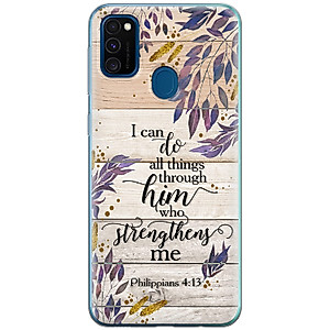 Cavka Phone Case Compatible with Samsung Galaxy A73 A72 5G A71 A54 A52 A42 A34 A32 A14 A11 Wooden Bumper Cell Clear Bible Verse Shockproof Psalm I can do all things through him Philippians 4:13"