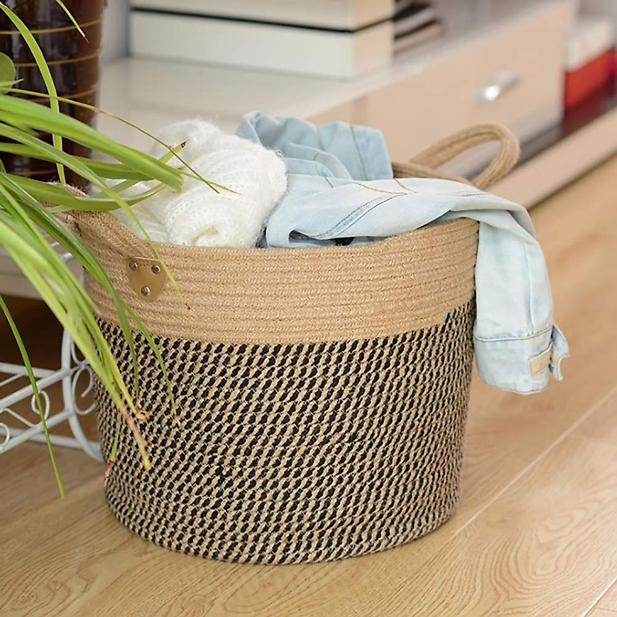 Douup Cotton Hemp Rope Basket Storage with Handles, Woven Laundry Basket, Natural Cotton Woven Storage Basket for Diapers, Nursery, Toys, Towels (13.7Inchx 11.8Inch),Brown