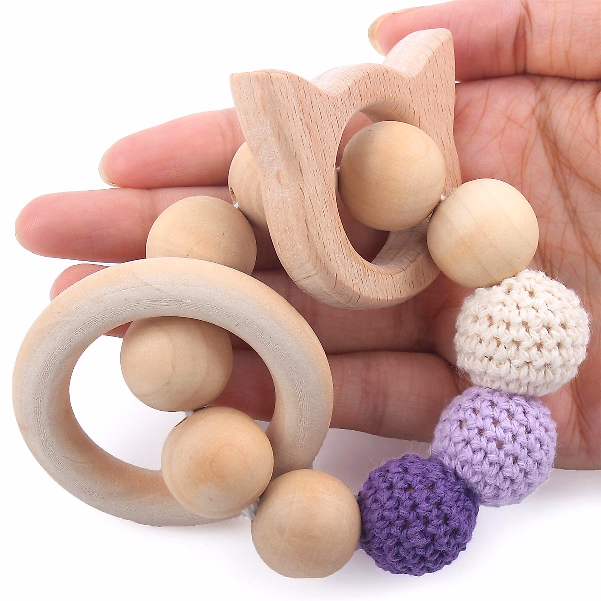 Beech Wooden Teethers 4 Packs, Natural Baby Teething Toys Wood DIY Soothing Charms, Chewable Toy Toddler Gift Jewelry, Cloud Cat Star Bird