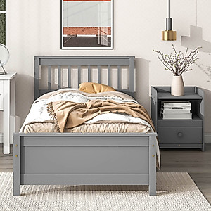 CITYLIGHT Twin Size Platform Bed with a Nightstand, Wooden Twin Bed Frame with Headboard and Footboard for Kids, Teens, Adults, No Box Spring Required (Twin, Gray)