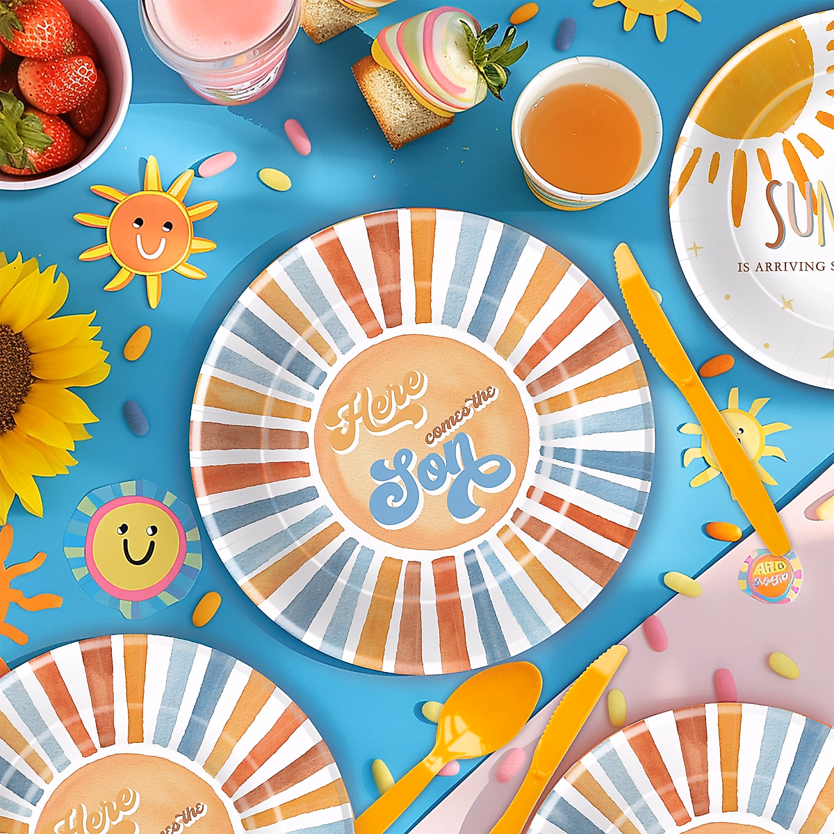 YJRJSC Here Comes The Son Baby Shower Decorations Tableware Boy, Boho Rainbow Sun Baby Shower Party Supplies, Plate, Cup, Napkin, Tablecloth, Cutlery, Sunshine Baby Shower Table Decorations | Serve 24