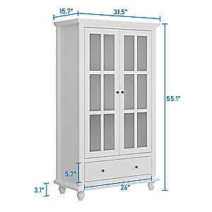 AIEGLE Storage Cabinet, Tall Display Cabinet Bookcase with Drawer & Glass Doors, Floor Locker Cabinet Bookshelf for Living Room Office, White (31.5" W x 15.7" D x 55.1" H)