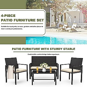 rattantree 4 Pieces Patio Sofa Clearance,Outdoor Wicker Patio Chair with Table,Garden Porch Furniture Sets,Black