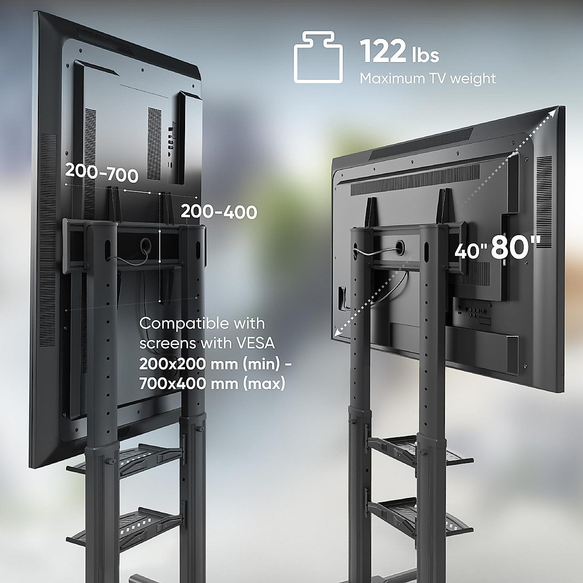 ONKRON Mobile TV Stand with Wheels Rolling TV Stand for 40-80 Inch LED LCD Flat or Curved Screen TVs up to 122 lbs - Height Adjustable TV Cart with Shelves - Portable TV Stand (TS2771) Black