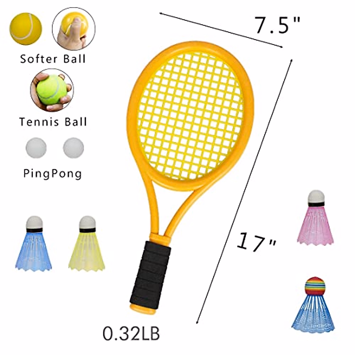 Kids Tennis Rackets with Carrying Bag,Soft Training Balls and Badminton Birdies,12 in 1 Tennis Racquets Gift Set for Children Outdoor Indoor Sports (Green+Yellow,Plastic,17inch)