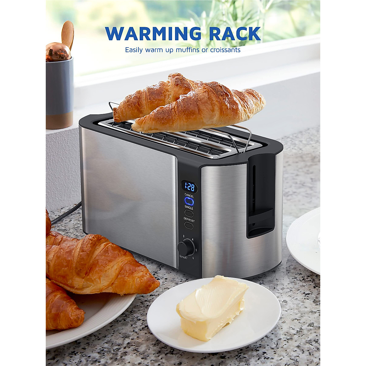 DyBaxa Stainless Steel Toaster 4 Slice Smart LED, Toaster 2 Slice Long Slot, 4 Slice Toaster Wide Slot for Bagel Sourdough Artisan Croissant Muffin, 6 Browning Control, Warming Rack, Crumb Tray