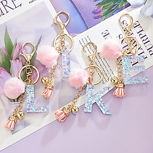 OKAICEN Pink-Purple Resin Alphabet Initial Letter Keychain Key Ring for Women Grils Purse Handbags with Faux Rabbit Fur Ball Pom('A')