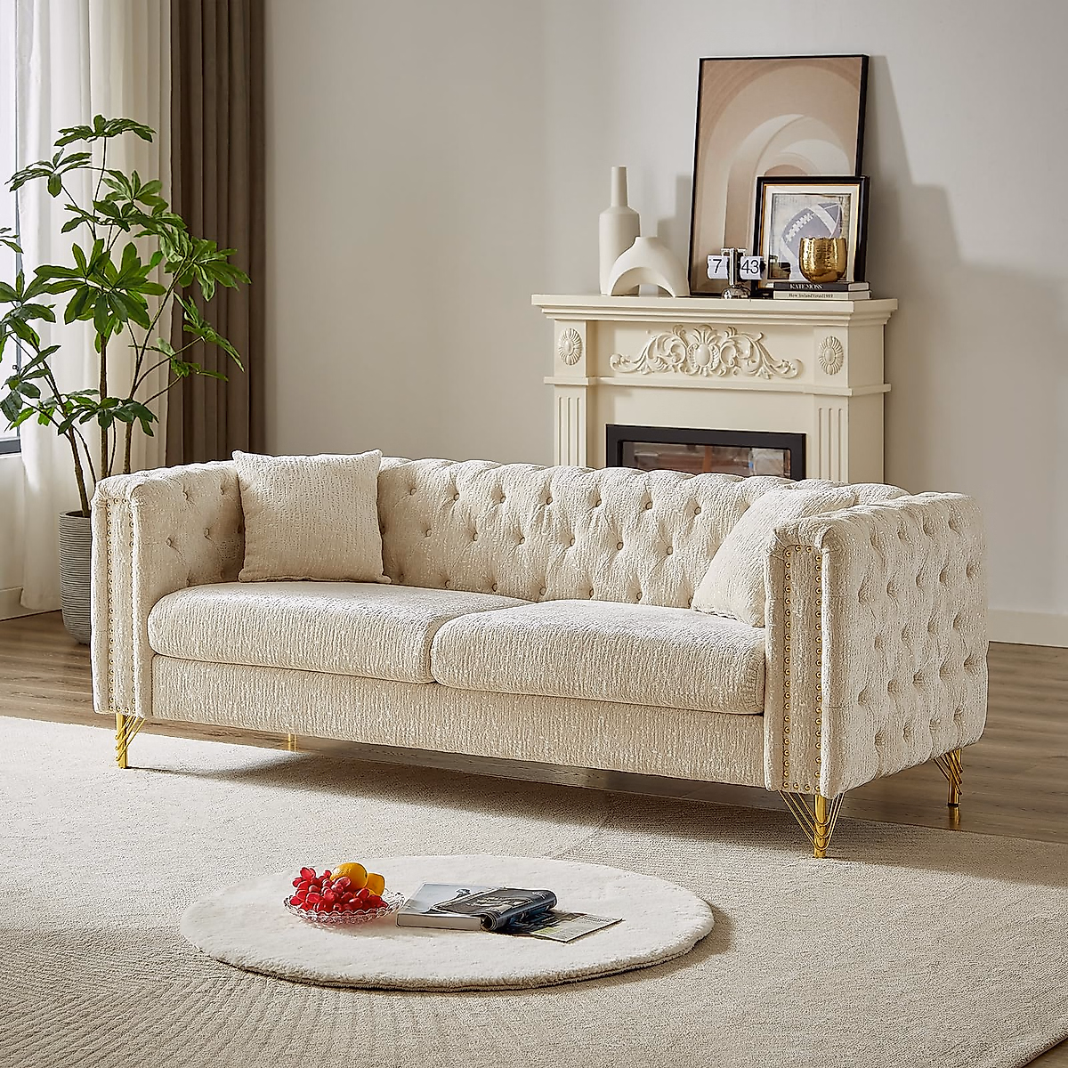 80"W Chenille Sofa Couch,Upholstered 3 Seater Loveseat Sofa,Button Tufted Comfy Couch with Nailhead Trim&Metal Legs,Mid Century Modern Sofa,Deep Seat Sofa for Living Room,Office,Apartment(Beige)