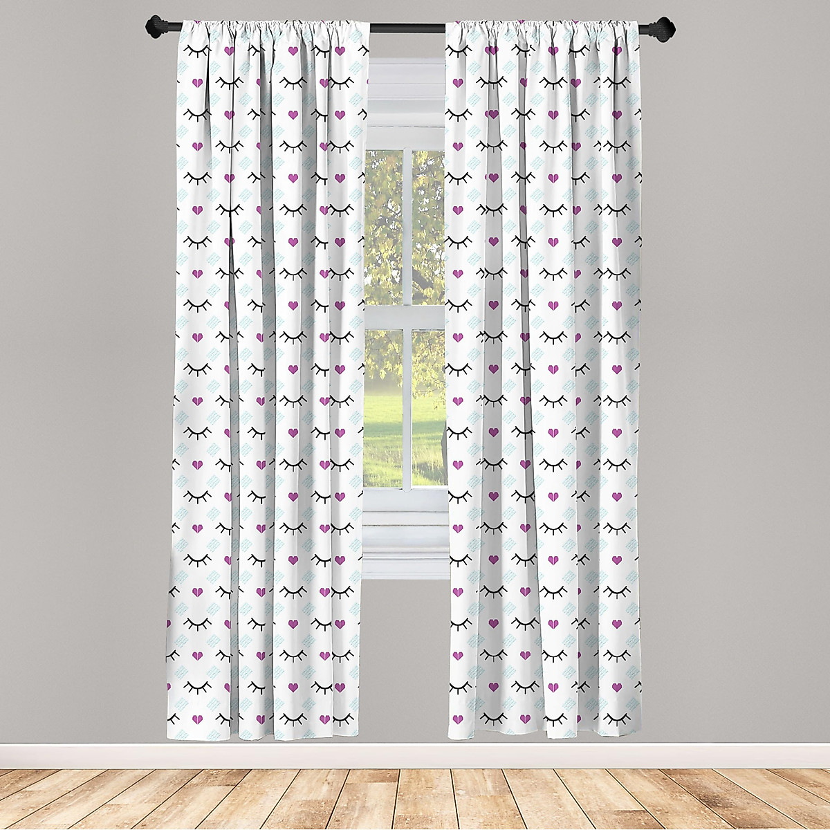 Ambesonne Eyelash Window Curtains, Winking Eyes and Pink Hearts Romantic Pattern Cartoon Childish, Lightweight Decorative Panels Set of 2 with Rod Pocket, 56" x 95", Blue Fuchsia