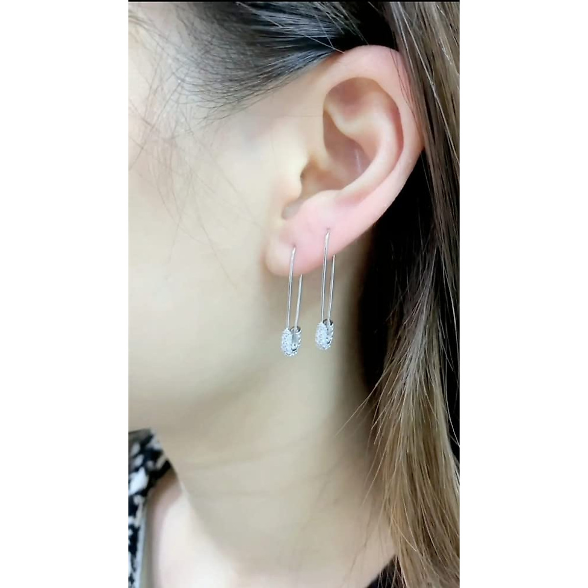 Cute CZ Safety Pin Cartilage Sterling Silver Hoop Earrings for Women Dainty Cubic Zirconia Dangle Drop Hypoallergenic Stud Post Pave Crystal Huggie Fashion Hoops Jewelry 30mm (Silver)