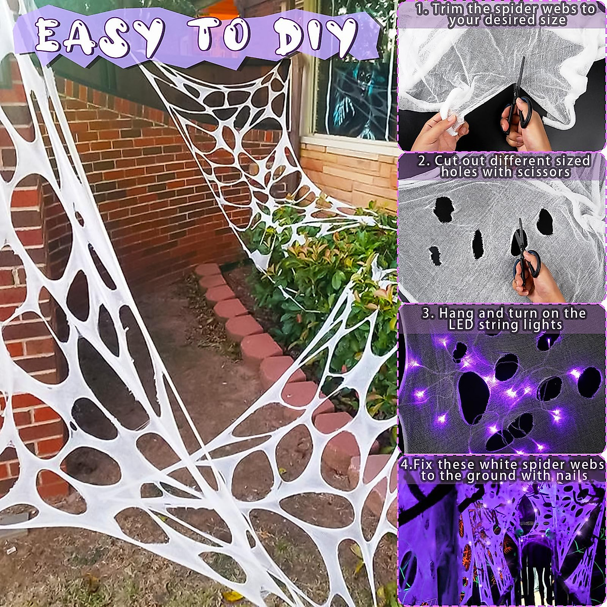 Beef Netting Spider Web for Halloween Outdoor Decoration White Stretchy Beef Netting Roll Spider Web with Purple LED String Lights for Light Up Scary Halloween Yard Garden Decorations