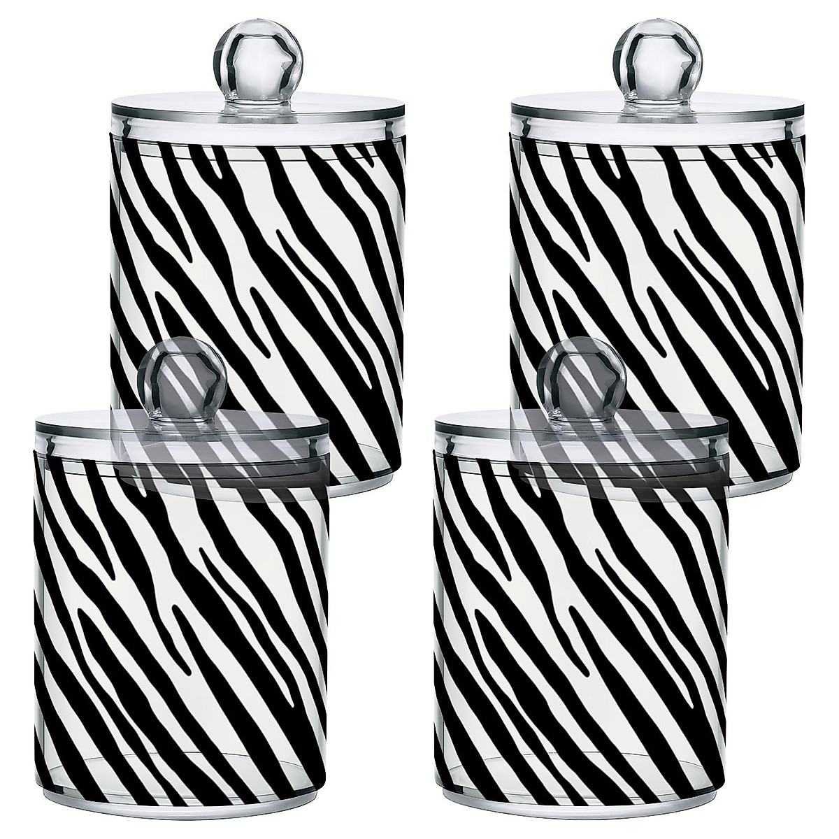 FLildon Zebra Print Black & White Qtip Holder Dispenser, Bathroom Organizer and Storage Containers, 2 Pack Clear Plastic Apothecary Jars with Lids for Cotton Ball, Cotton Swab, Floss