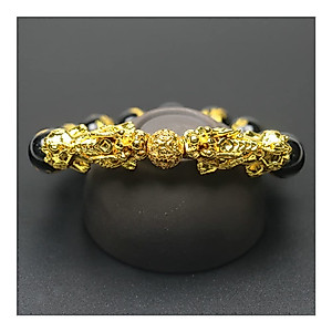 DYLIJU Bracelets Men Wealth Bracelet Feng Shui Pi Xiu Bracelet Stone Beads Black Obsidian Men Women Couples Bracelet Wristband Jewelry Mens Bracelet (Length : 17cm, Metal Color : 09)