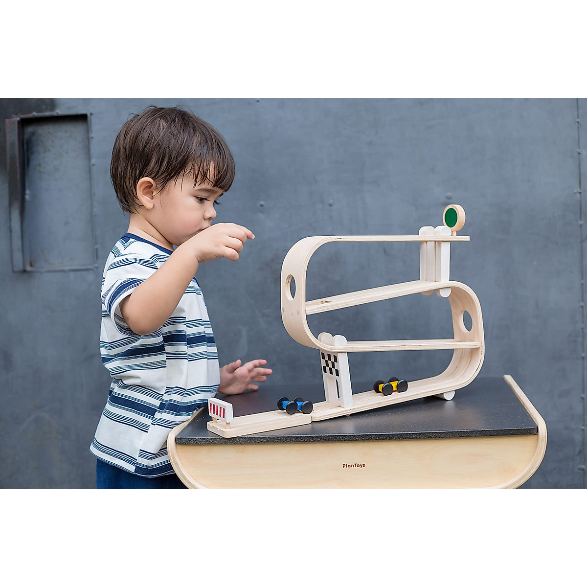 PlanToys Wooden Ramp Racer with 3 Cars (5379) | Sustainably Made from Rubberwood and Non-Toxic Paints and Dyes