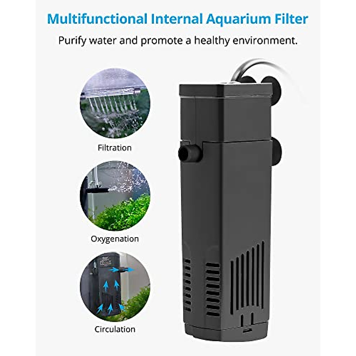 NICREW Aquarium Internal Filter, Submersible Power Filter with Multiple Function, Aeration System with Sponge Filter for Fish Tanks 5-10 Gallon, 53 GPH, 5W