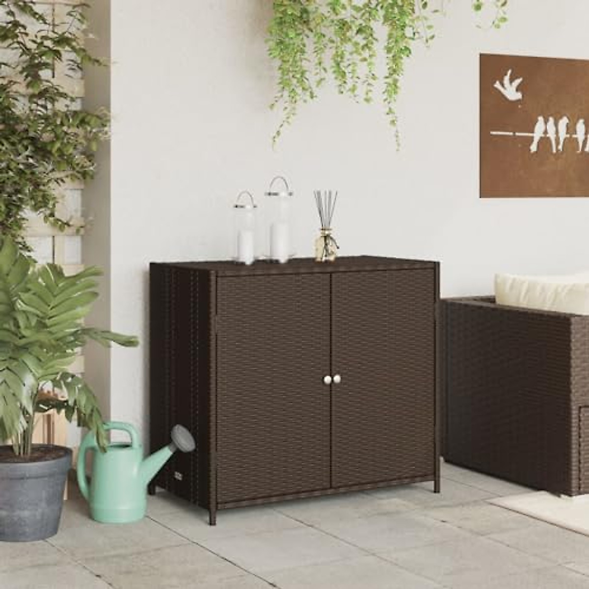 loibinfen Wicker Outdoor Storage Cabinet with Two Doors, Freestanding Outdoor Patio Storage Unit, Rattan Deck Box, Brown 32.7"x17.7"x29.9" Poly Rattan, -83