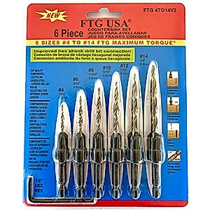 FTG USA Wood Countersink Drill Bit Set 6 Sizes #4 to #14 Set Countersink HSS M2 Tapered Drill Bits, Quick Change 1/4" Hex Shank Countersink bit, with 6 Storage Containers, 1 Allen Wrench