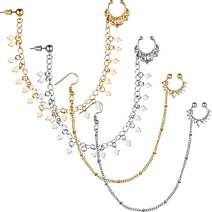 4 Pieces Nose Rings Chain Hoop Chain Fake Nose Ring Chain Non Piercing Nose Rings with Chain Nose to Ear Chain Jewelry Nose Ring Body Jewelry, Gold and Silver