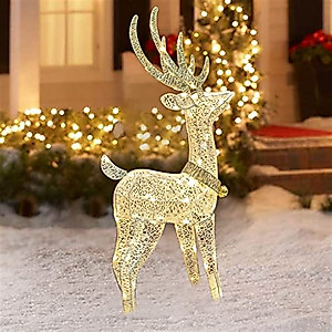 EAMBRITE 48” 70LT Pre-Lit Christmas Glittering Reindeer with Gold Jingle Bell and Twinkle Light Outdoor Holiday Mesh Standing Buck Deer Decorations for Home Lawn Yard Garden Indoor Outdoor Plug in