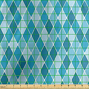 Lunarable Pale Blue Fabric by The Yard, Classical Argyle Harlequin Style Pattern Design in Blue Shades Retro, Decorative Satin Fabric for Home Textiles and Crafts, Blue and Pale Blue
