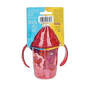 Nuby No Spill Flip N Sip 2 Handle Tritan 360 Weighted Straw Glitter Print - 8oz/ 240 Ml/ 12 M+, Colors Vary: Blue Space, Red Dinosaur, Pink Fox, Green Swan