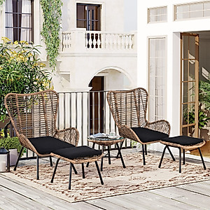 Merax Dark Gray 5-Piece Outdoor Patio Rattan Bistro Set, All-Weather PE Wicker Arm Stools and Glass Tea Balcony, Porch Yard Natural, 2 Chairs + 1 Table