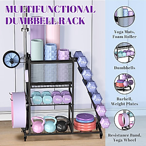 Mythinglogic Dumbbell Rack for Home Gym, Weight Rack for Dumbbells Hold up to 420 Pounds, Multifunctional Yoga Mat Holder for Barbell plates and Kettlebells, Home Gym Storage Rack Made of Steel