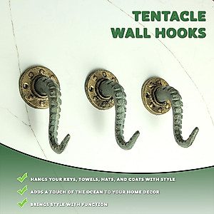 Zeckos Set of 3 Verdigris Bronze Cast Iron Octopus Tentacle Wall Hooks: Nautical Key Hangers, 4.5 Inches High - Easy to Install - Enhance Your Decor with Coastal Charm