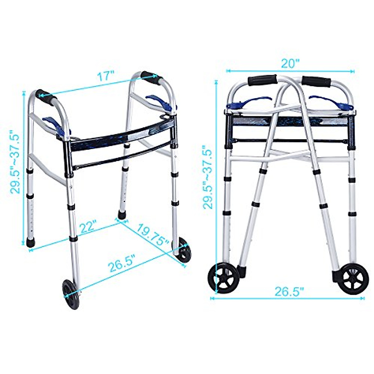 Compact Folding Walker for Seniors by Health Line Massage Products, Standard Walker with 5 inch Wheels and Trigger Release, Mobility Aids Walker Supports up to 350 lbs (Ski Glides Included)