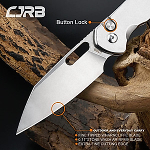 CJRB Pyrite-Alt (J1925A) Folding Pocket Knife with 3.11'' Stone Wash AR-RPM9 Wharncliffe Blade Steel Handle,Button Lock EDC Knife for Tactical,Outdoor,Hiking and Gift