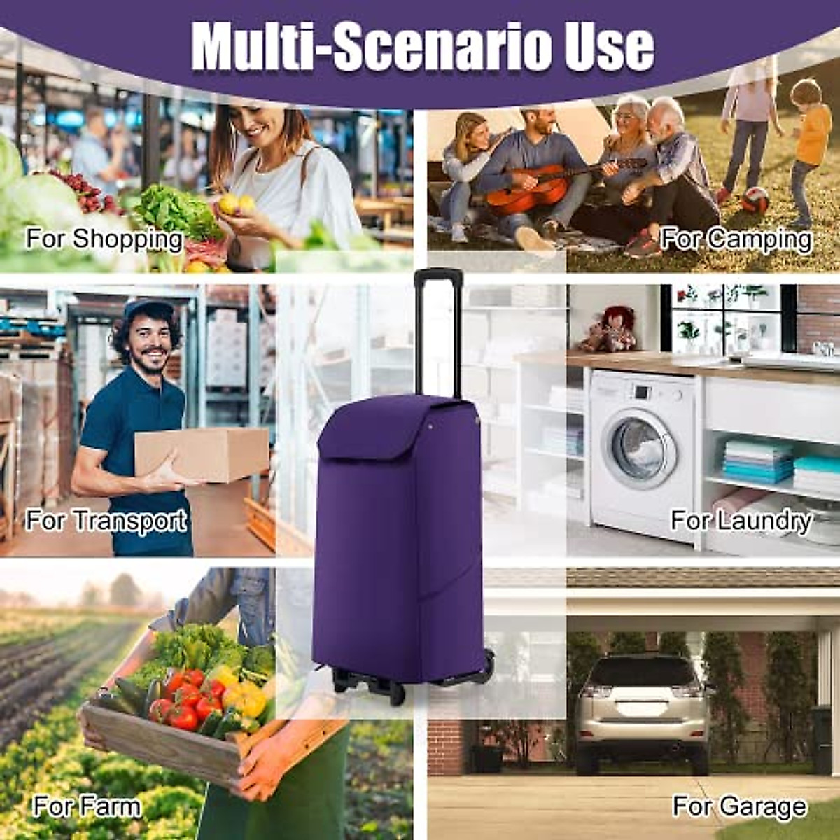 Golbsky Folding Shopping Cart Rolling Utility Cart w/Removable Waterproof Bag Dark Blue (Purple)