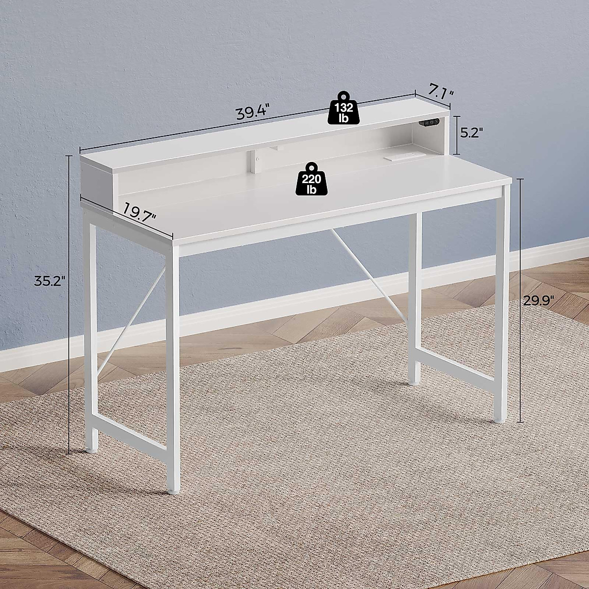 Rolanstar Computer Desk 39 inch with LED Lights & Power Outlets, Home Office Desk with Monitor Shelf, Gaming Desk, Writing Desk, Study Desk for Student & Kids, White