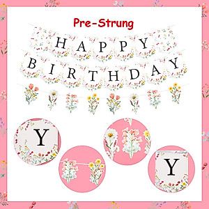 Fangleland Wildflower Happy Birthday Banner Garland Sign Party Decorations Set, Pre-strung No DIY Floral Flower Theme Birthday Banner Party Favors Pink Sign for Girls Women