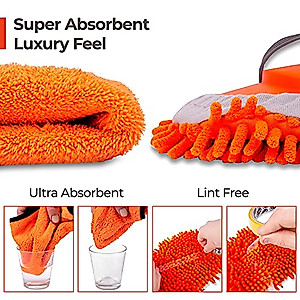 Homeflowz Car Wash Mop Kit [10PC] - Car Wash Brush with Long Handle - 62'' Stainless Steel Pole - Scratch Free Chenille Microfiber Car wash Brush Mitt - Car Mop Washing Kit for RV Cars and Bus