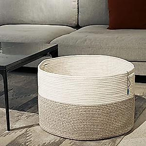 Casaphoria XXXLarge Cotton Rope Basket for Living Room - Woven Storage Basket with Handle for Blankets, Towels and Pillows Laundry Hamper | White and Brown (22" x 22" x 14")