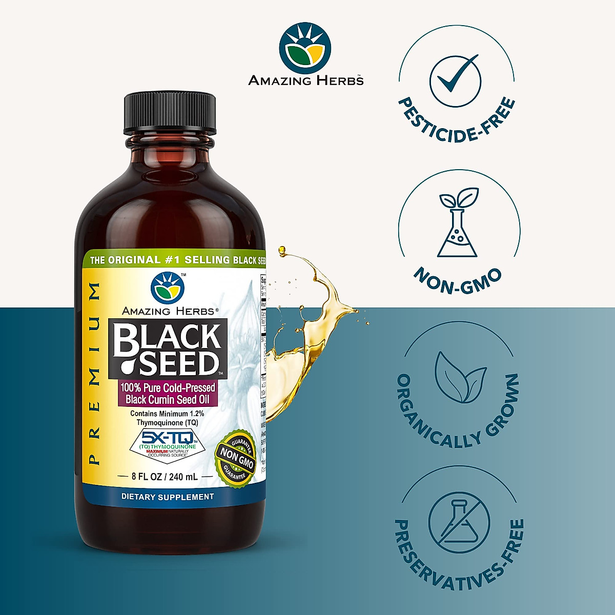 Amazing Herbs Premium Black Seed Oil - Cold Pressed Nigella Sativa Aids in Digestive Health, Immune Support, Brain Function, Joint Mobility, Gluten Free, Non GMO - 8 Fl Oz