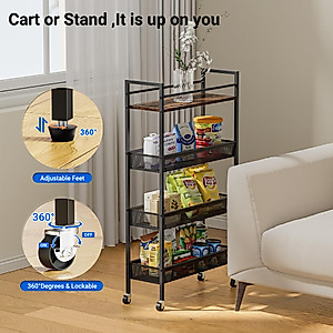 Jsluiiys 4 Tier Slim Storage Cart, 5.9In Slim Kitchen Cart on Wheels for Small Space, Narrow Rolling Cart with Wooden Top Metal Handle and Wire Mesh for Kitchen Bathroom Laundry Room