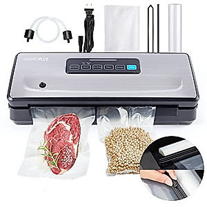 Food Sealer Vacuum Sealer Machine 10-In-1 with Full Starter Kit Built-in Cutter and Bag Storage(Up to 20ft), INKBIRD Moist/Dry/Pulse/Canister/Seal Food Vacuum Sealer Machine with Sealer Bag*5 (8"*11.8") and Bag Roll*1 (11"*118"), Sealing Strip & Foam Gask
